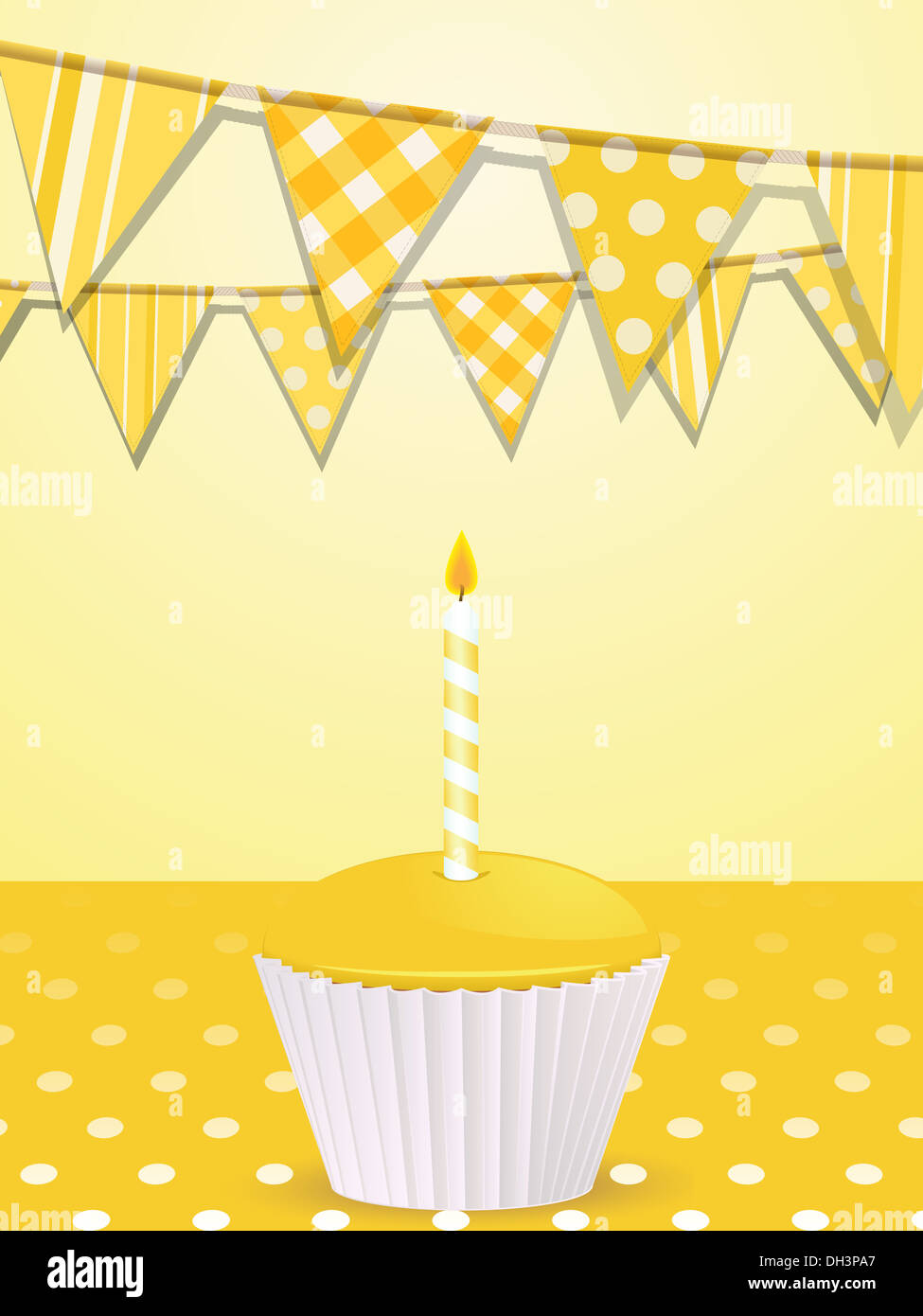 Yellow birthday cupcake with bunting flags Stock Photo - Alamy