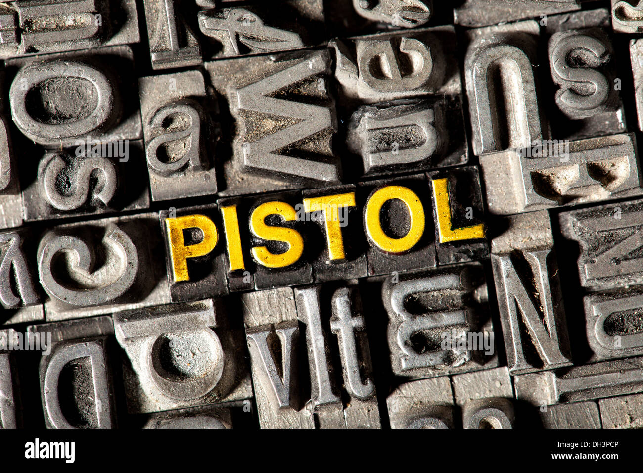 Old lead letters forming the word PISTOL Stock Photo - Alamy
