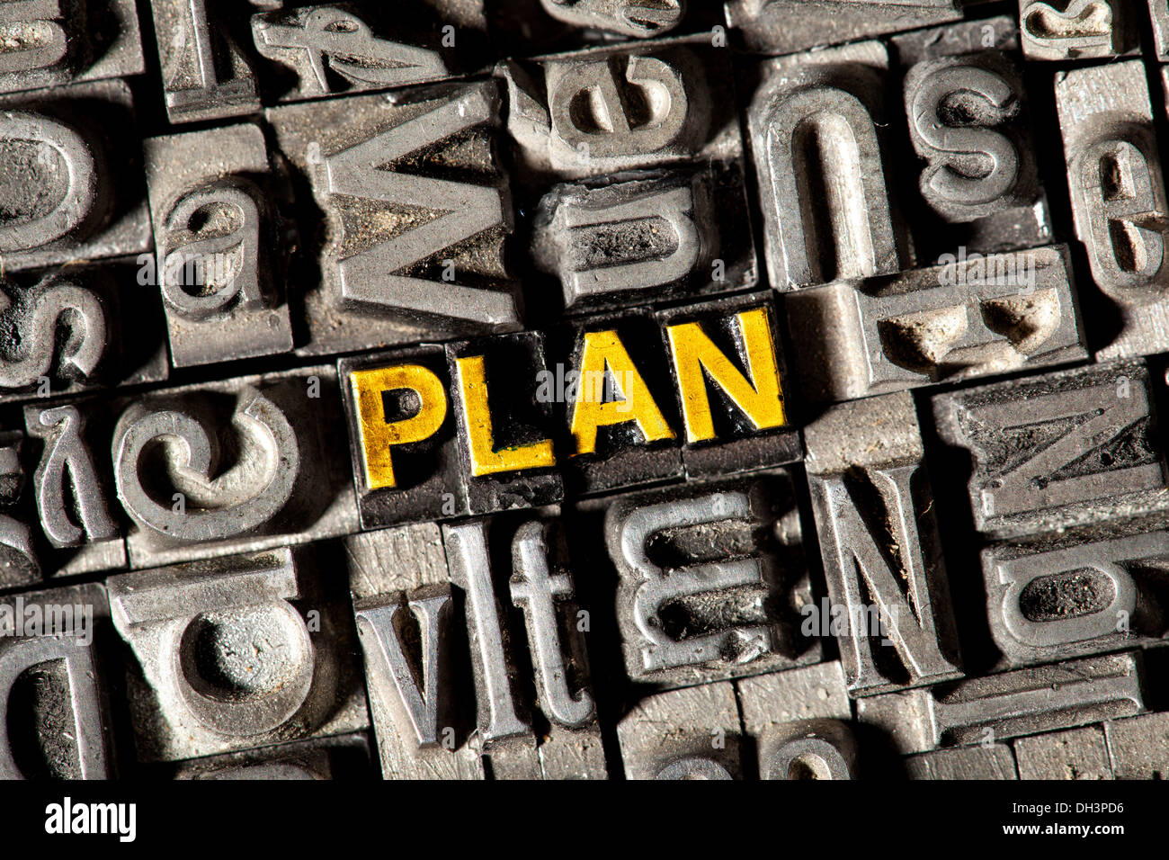 Old lead letters forming the word PLAN Stock Photo - Alamy