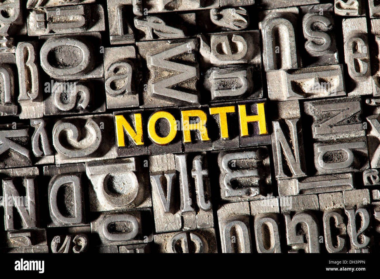 Old lead letters forming the word NORTH Stock Photo - Alamy