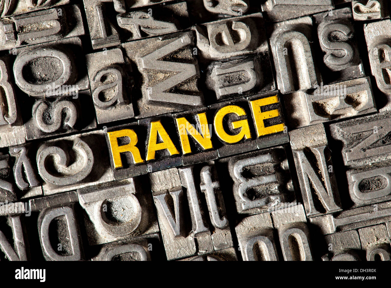 Old lead letters forming the word RANGE Stock Photo - Alamy