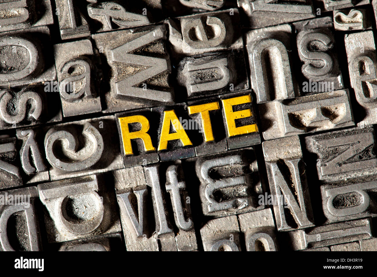 Old lead letters forming the word RATE Stock Photo - Alamy