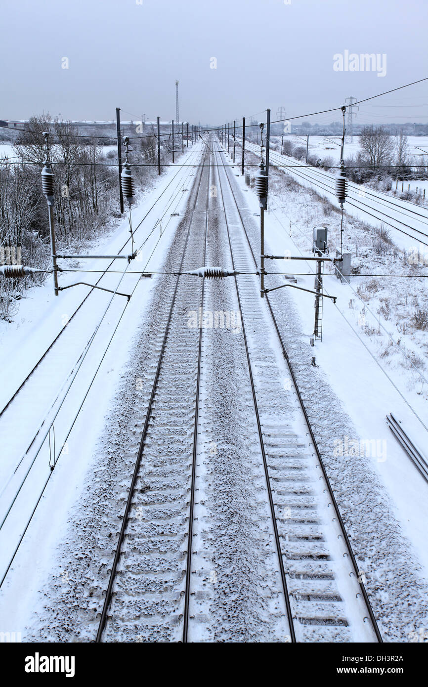 Winter Snow over an empty railway, East Coast Main Line Railway ...
