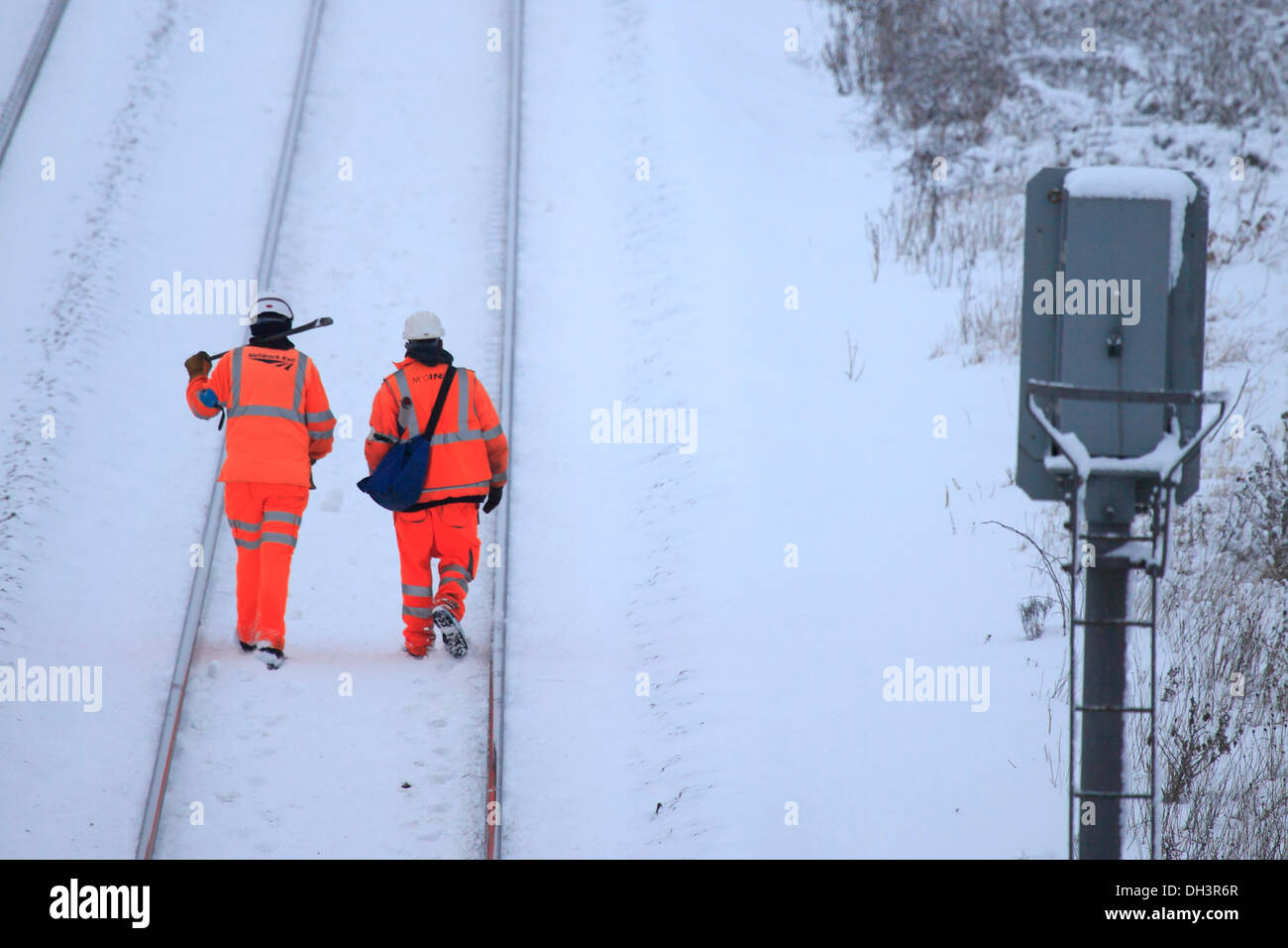 Network Rail Workers on the tracks, Winter Snow, East Coast Main Line ...
