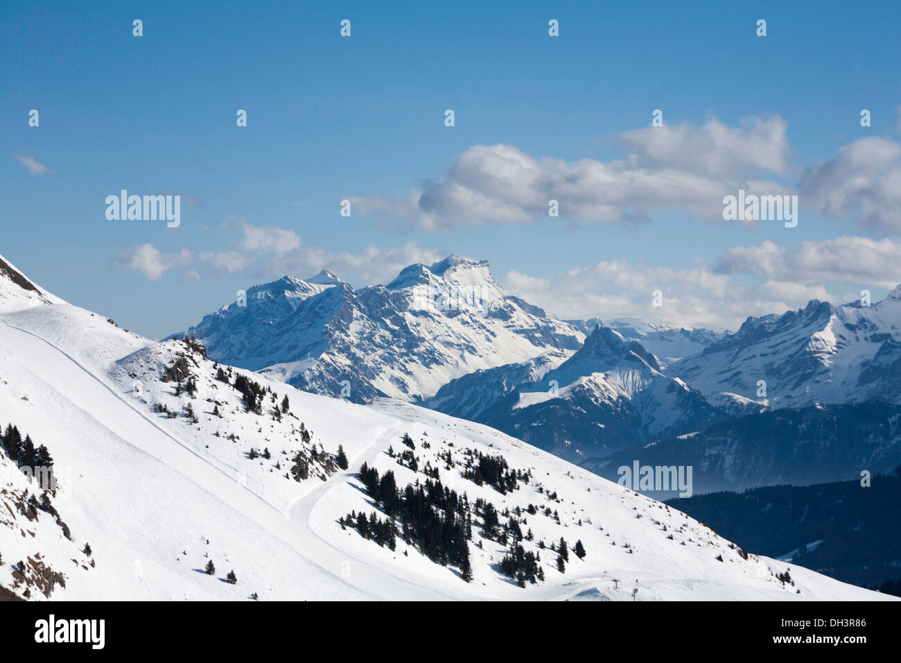 Mountain panorama above the Swiss village of Les Crosets near the ...