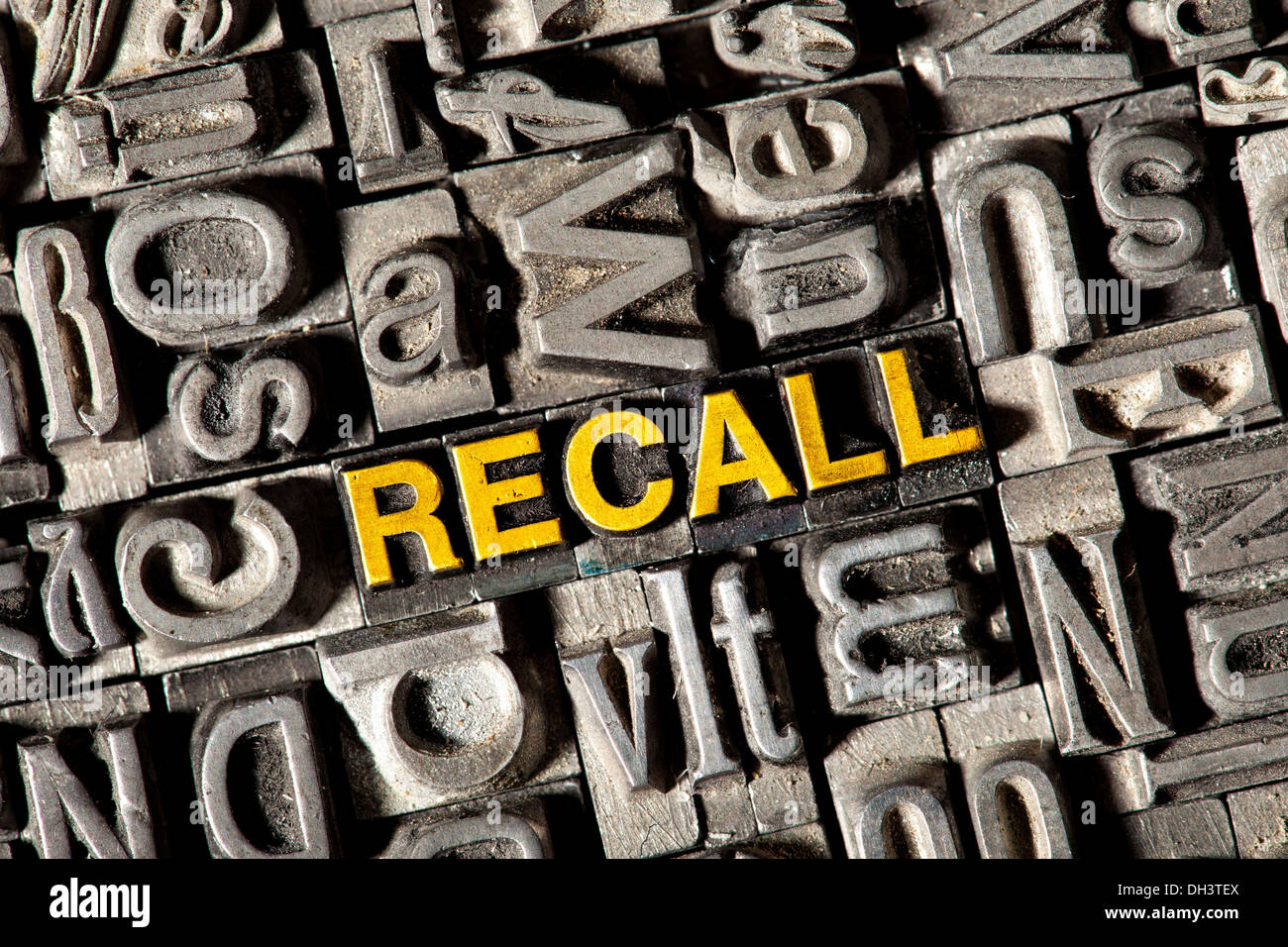 Old lead letters forming the word RECALL Stock Photo - Alamy