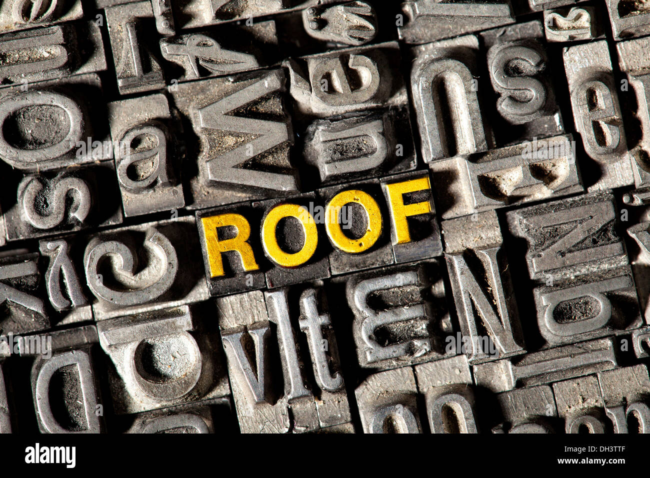 Old lead letters forming the word "ROOF Stock Photo - Alamy