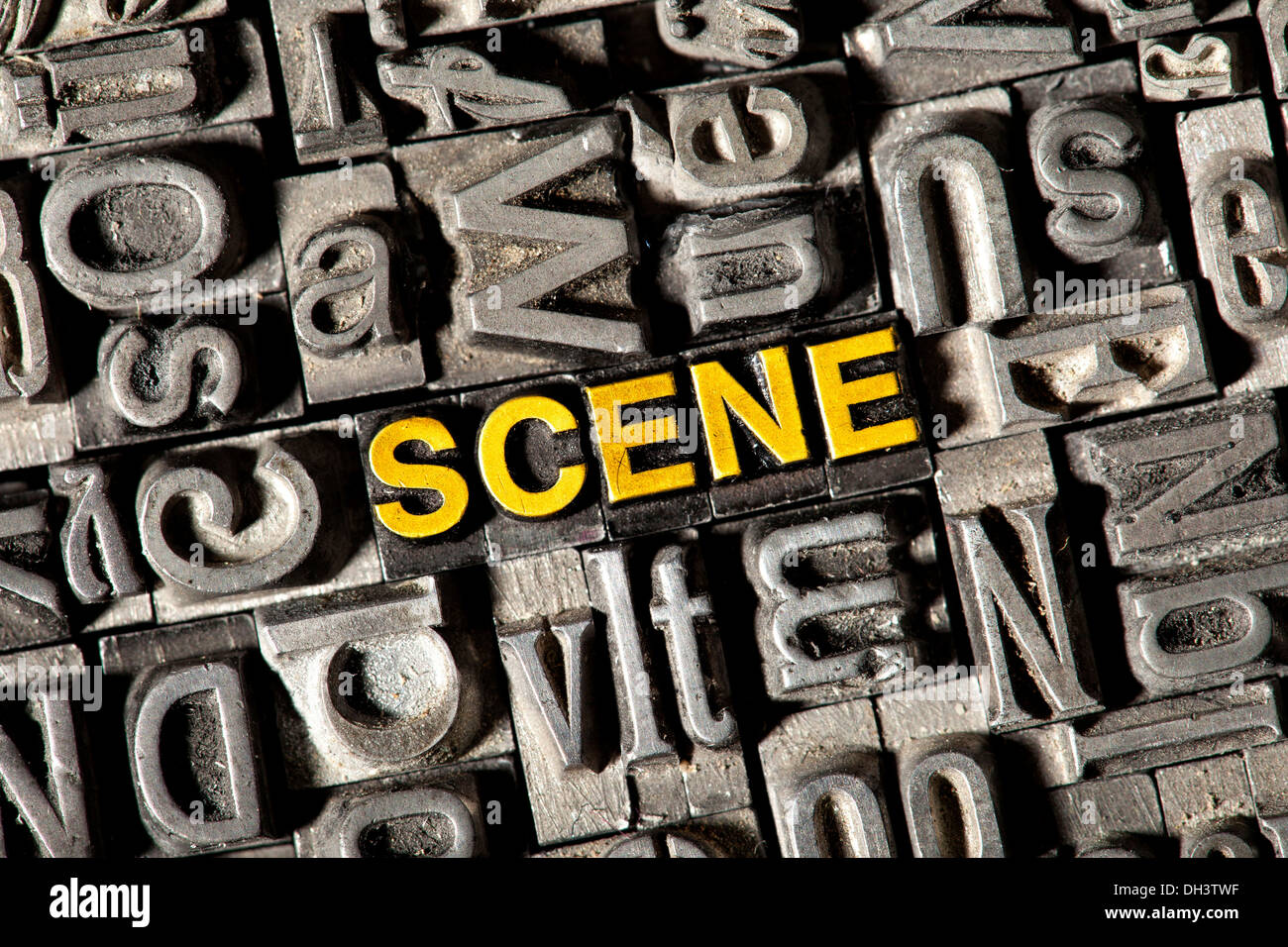 Old lead letters forming the word "SCENE Stock Photo - Alamy