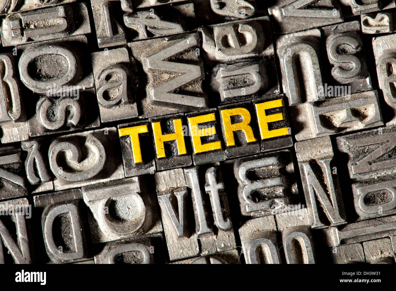 Old lead letters forming the word "THERE Stock Photo - Alamy