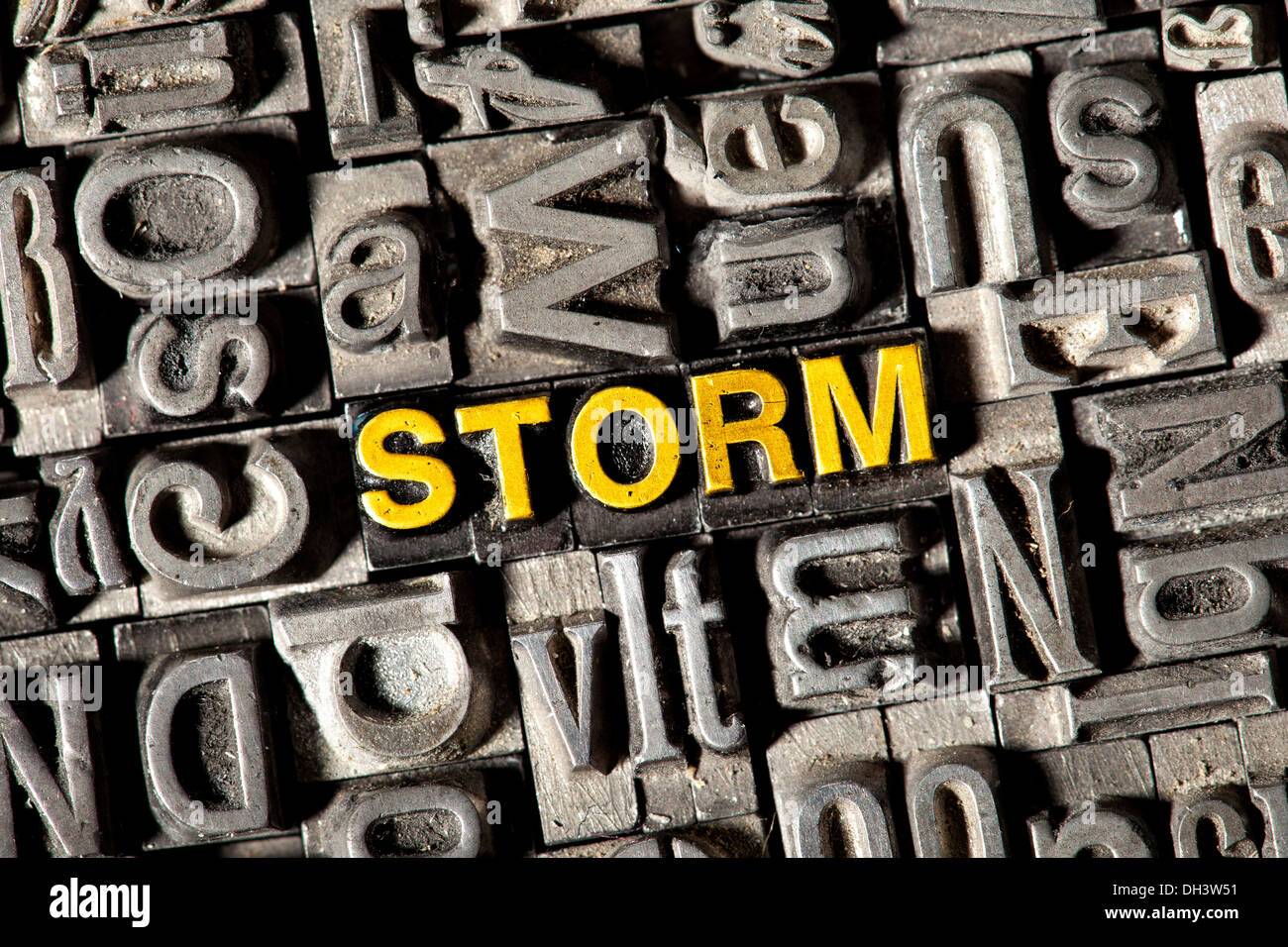 Old lead letters forming the word "STORM Stock Photo - Alamy