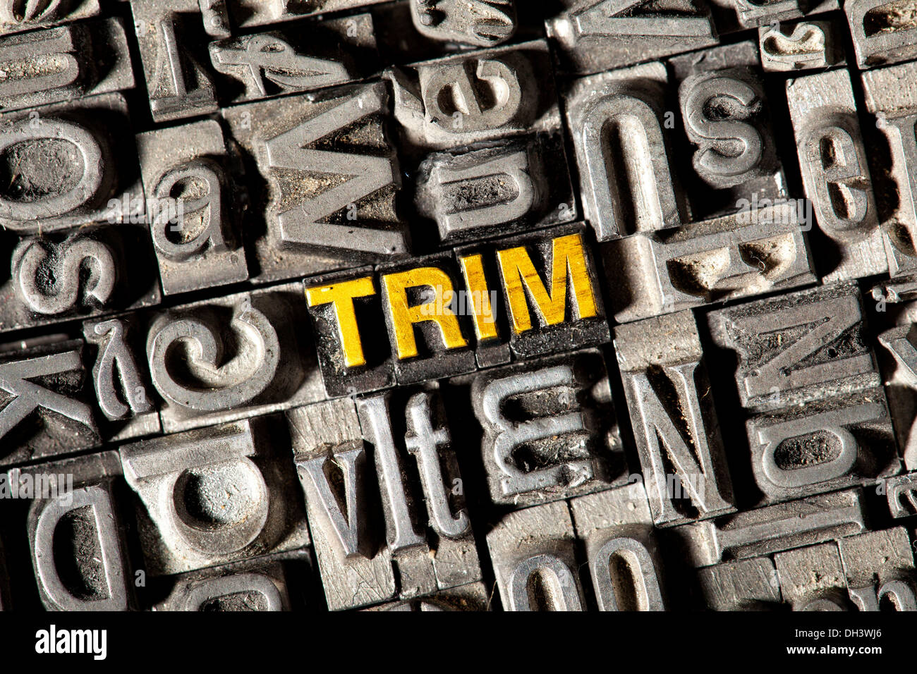 Old lead letters forming the word Trim Stock Photo - Alamy
