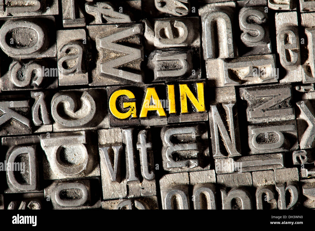 Old lead letters forming the word Gain Stock Photo - Alamy