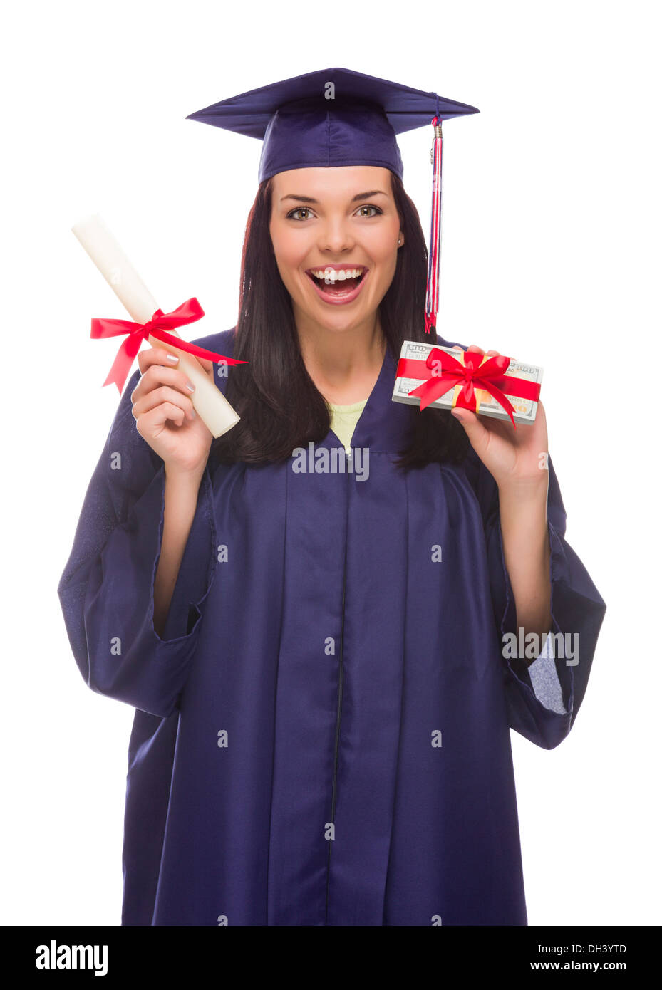 Happy Female Graduate with Diploma and Stack of Gift Wrapped Hundred ...