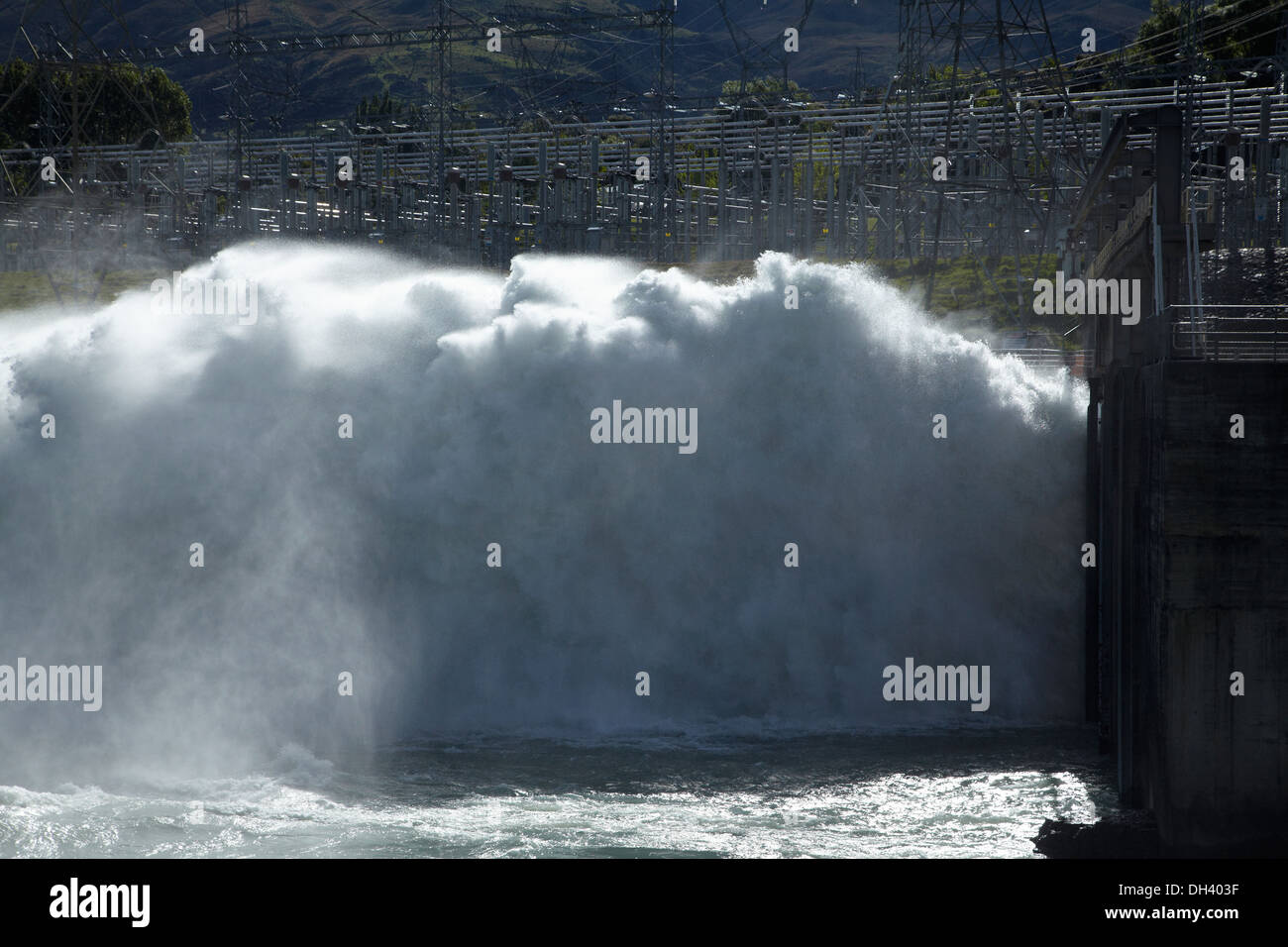 Water spilling from Roxburgh Hydro Dam, Roxburgh, Central Otago, South ...