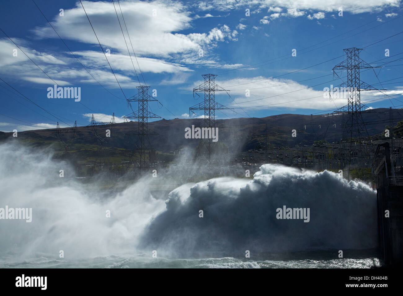 Water spilling from Roxburgh Hydro Dam, Roxburgh, Central Otago, South ...