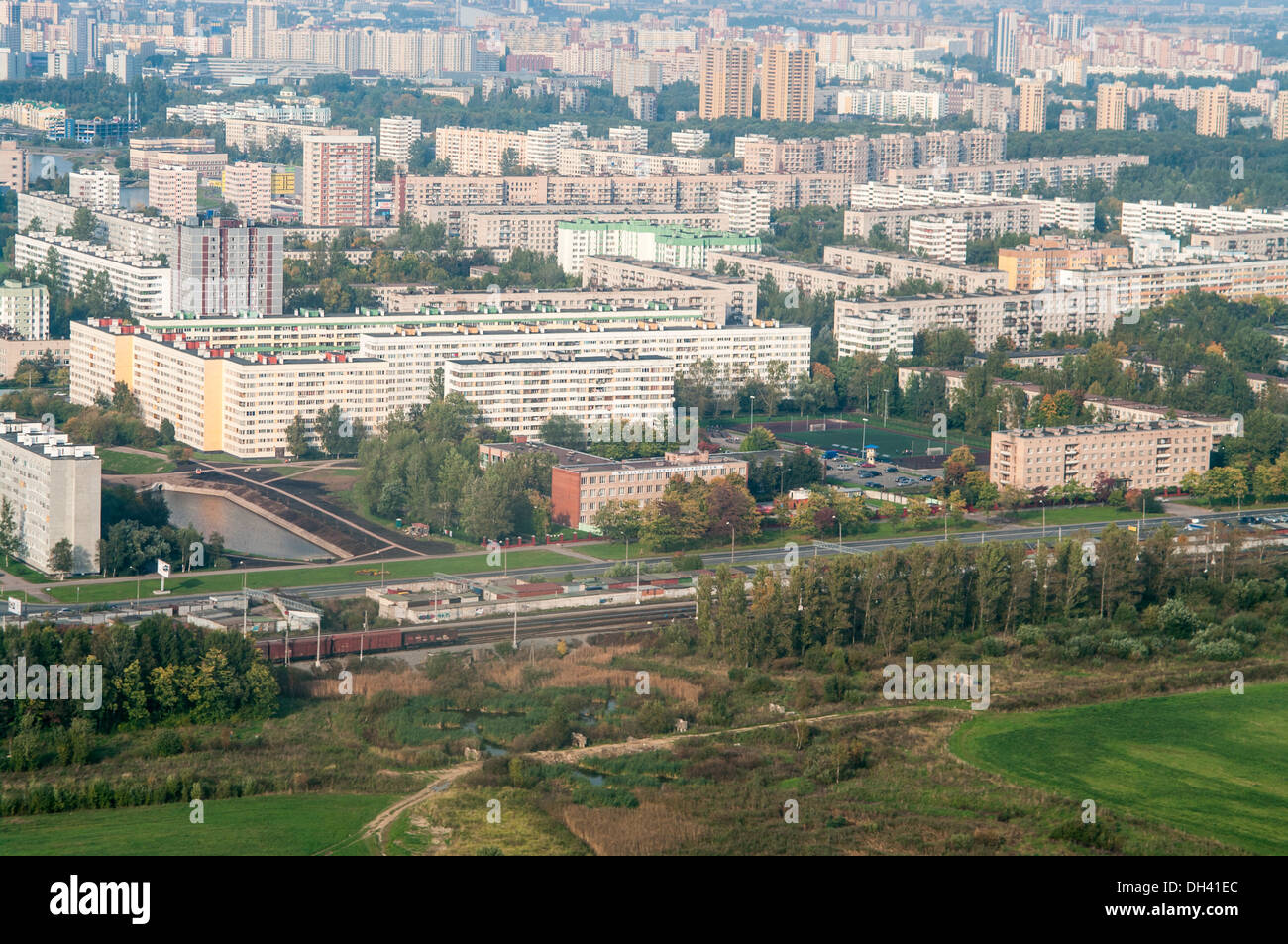 Kirovsky district near Narodnovo Opolchenya street from bird eye view ...
