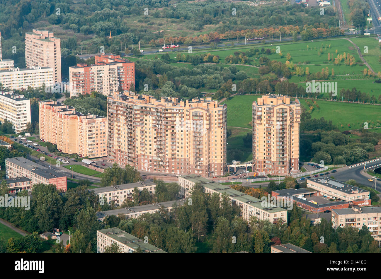 Kirovsky district with sleeping new buildings from bird eye view. Saint ...