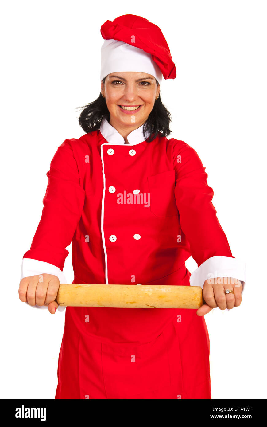 Happy chef woman showing rolling pin isolated on white background Stock ...