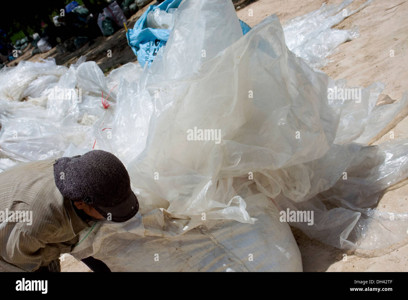 A woman is collecting large plastic sacks near a large garbage dump in ...