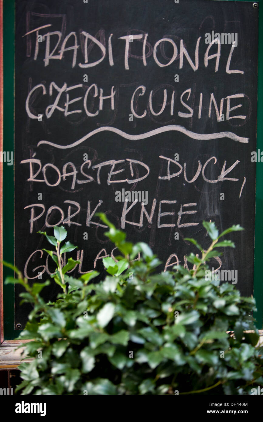 Restaurant street menu board, traditional Czech cuisine food Prague ...