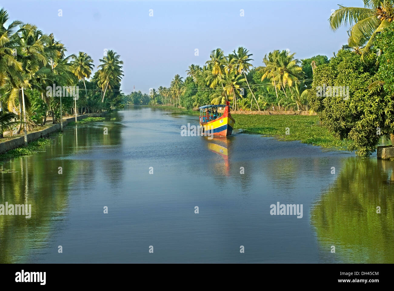 Boat cruising Kollam backwaters Kerala India Stock Photo - Alamy