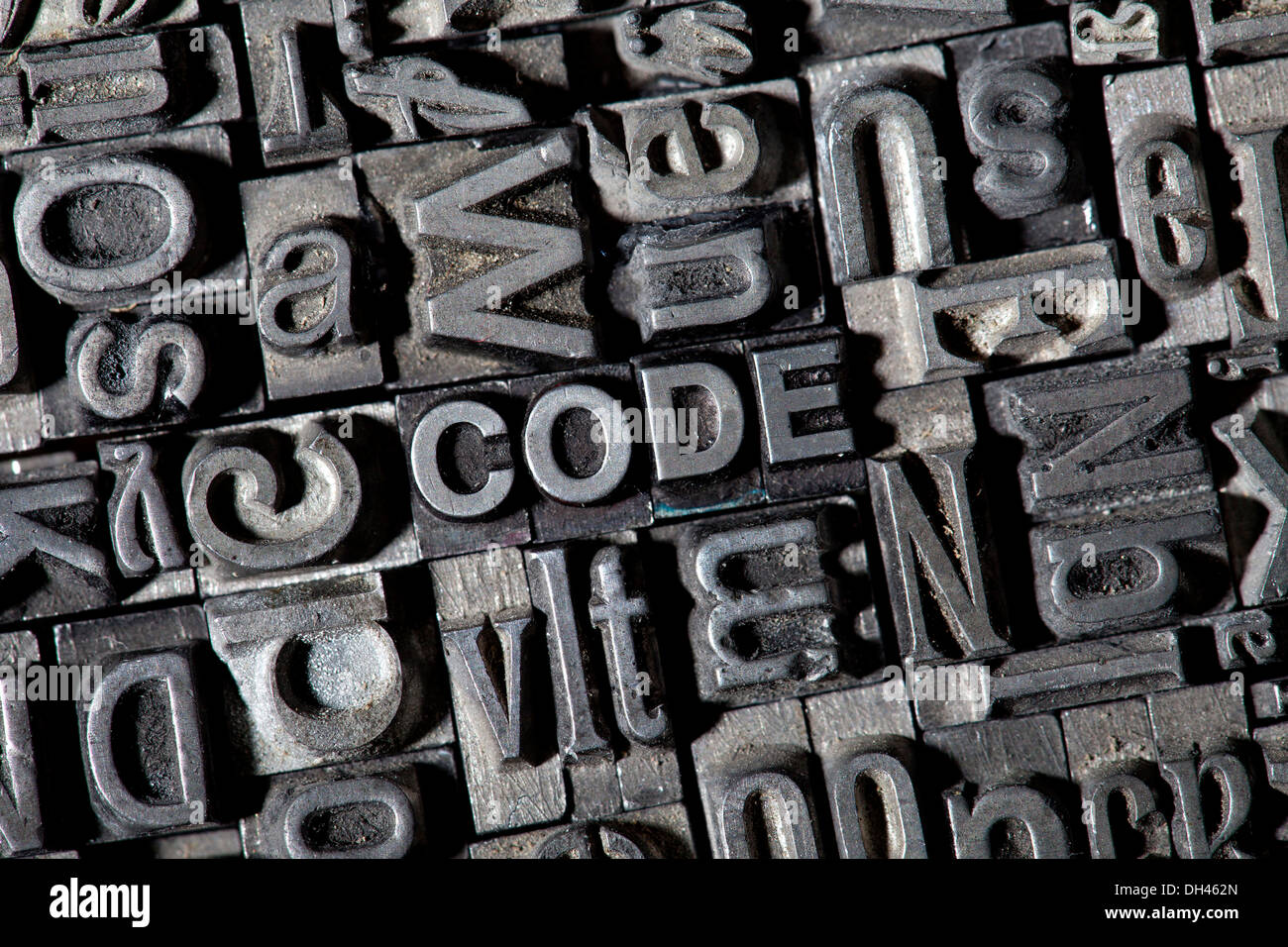 Old lead letters forming the word CODE Stock Photo - Alamy