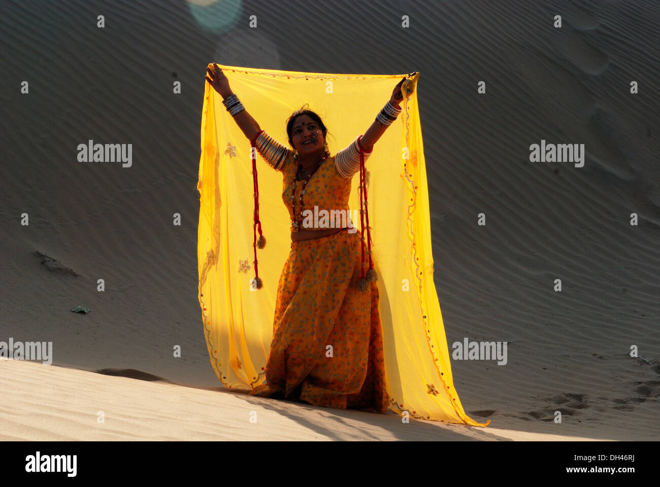 Indian woman yellow traditional fancy dress Rajasthani costume ...