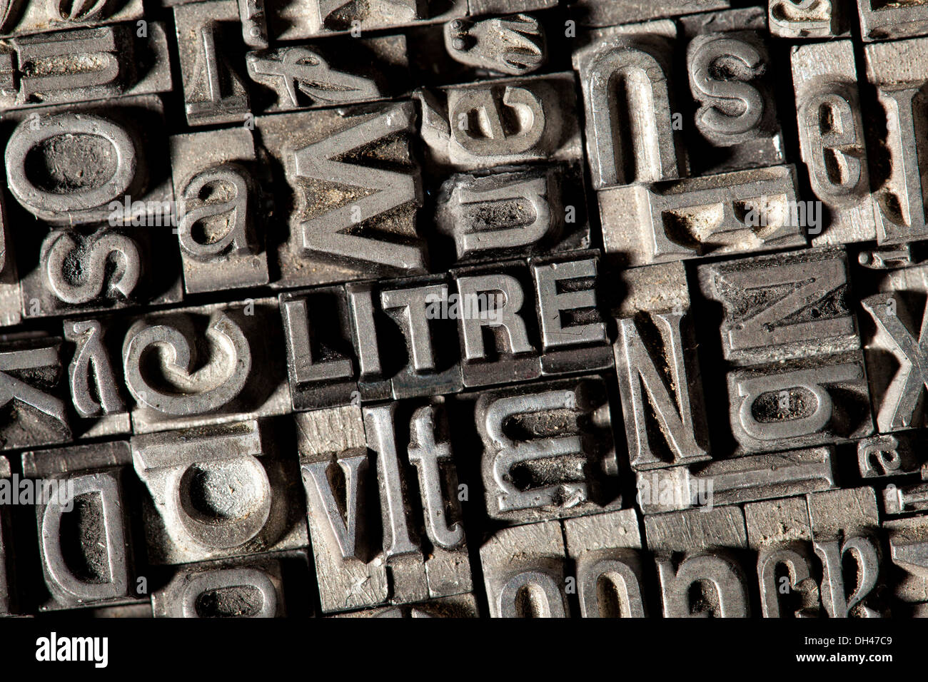 Old lead letters forming the word "LITRE" Stock Photo - Alamy