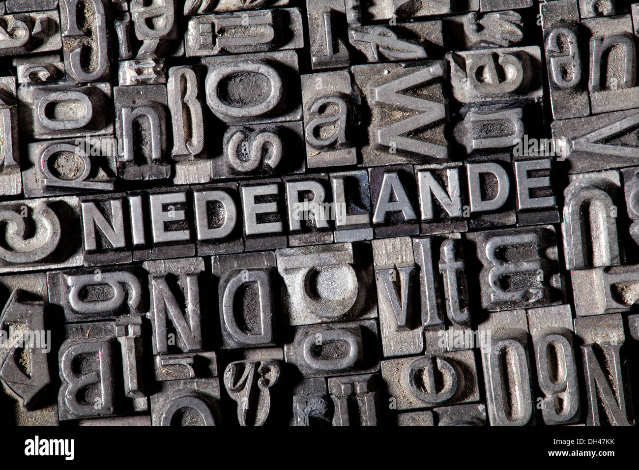 Old lead letters forming the word NIEDERLANDE, German for Netherlands ...