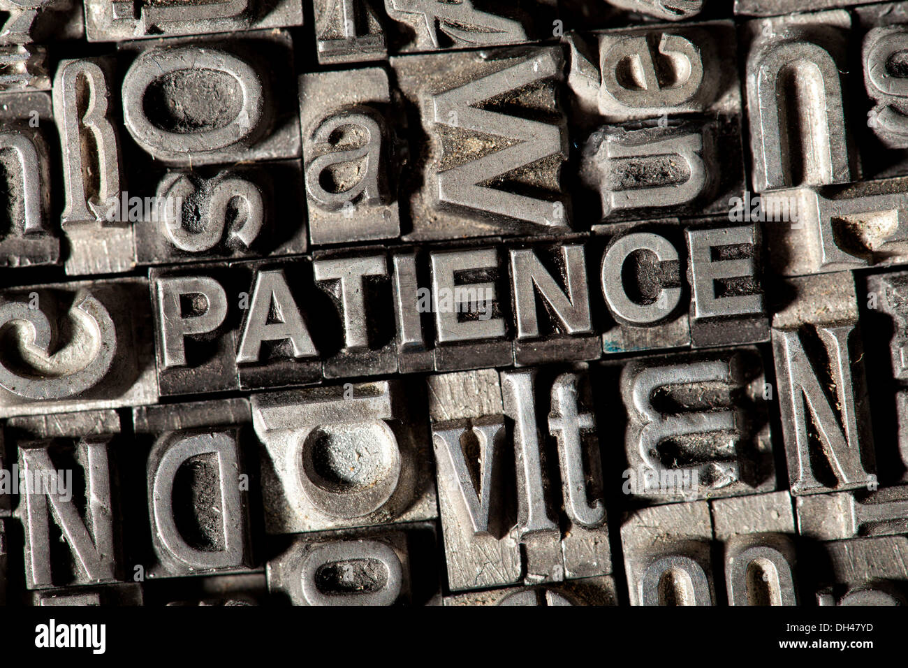 Old lead letters forming the word "PATIENCE Stock Photo - Alamy