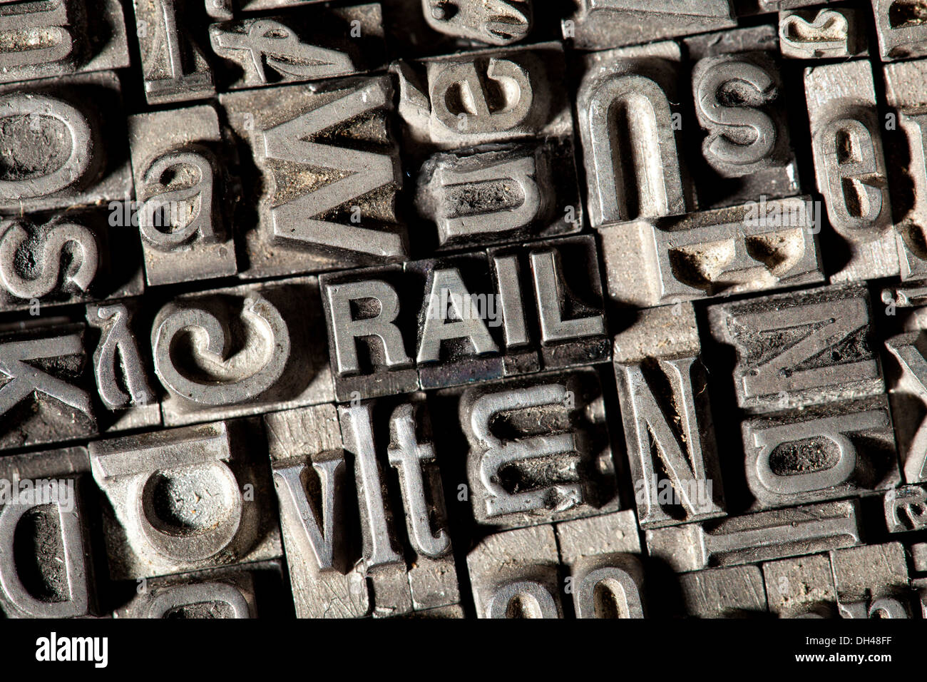 Old lead letters forming the word "RAIL" Stock Photo - Alamy