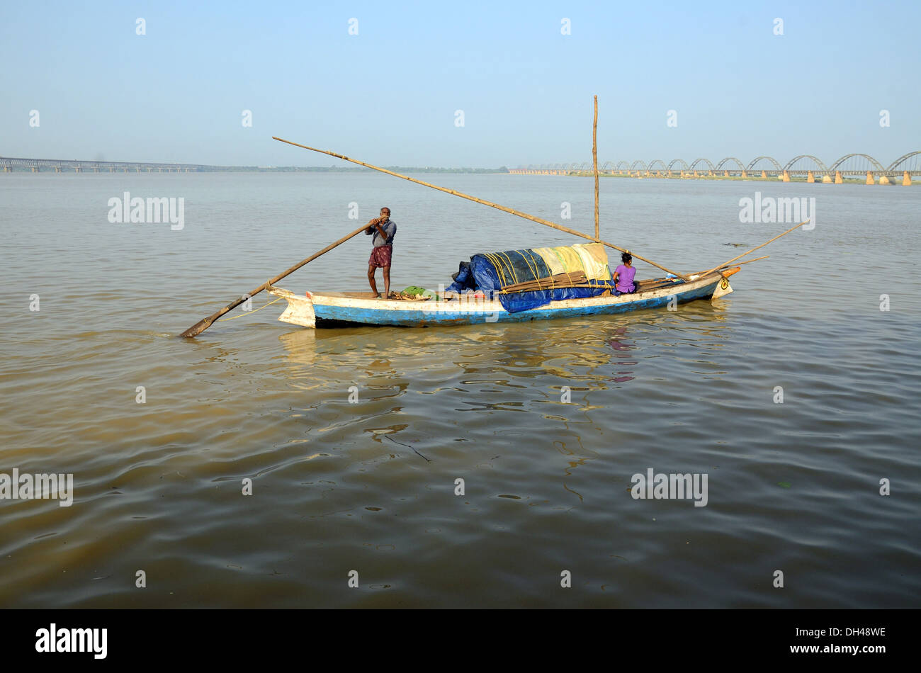 Fisherman sailing boat River Godavari Rajahmundry Andhra Pradesh India ...