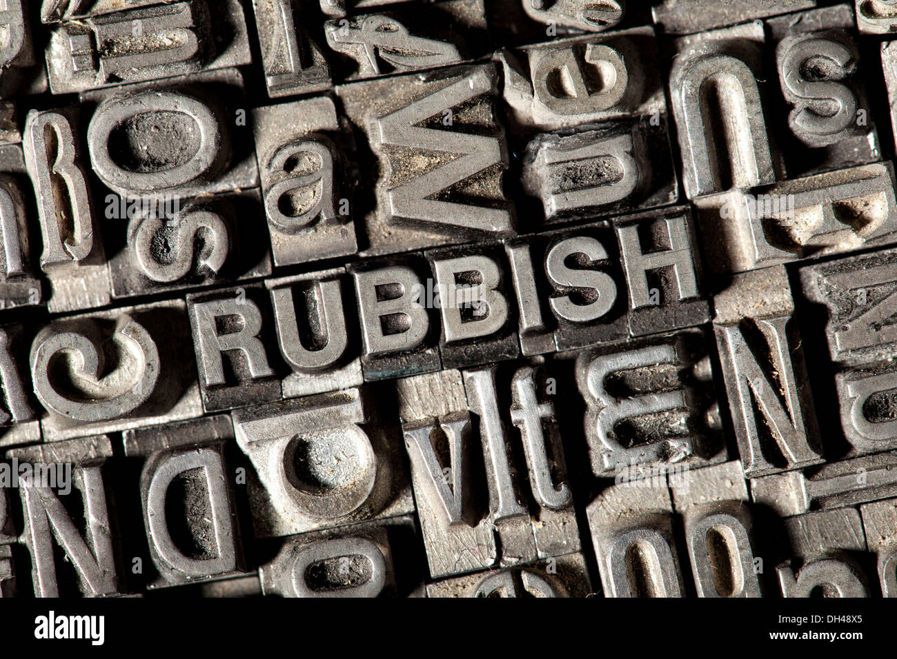 Old lead letters forming the word RUBBISH Stock Photo - Alamy