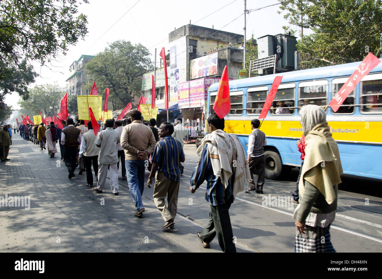 red flags demonstration procession rally of left parties on road at ...