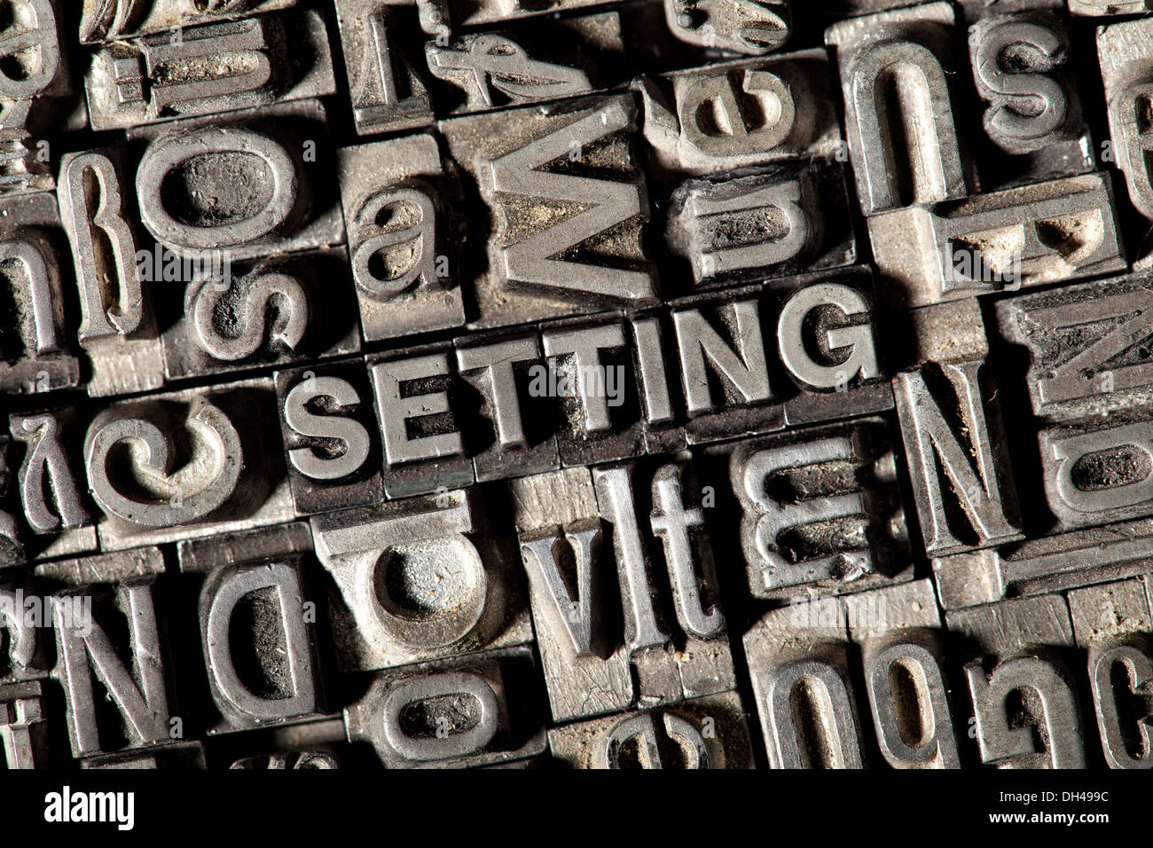 Old lead letters forming the word SETTING Stock Photo - Alamy