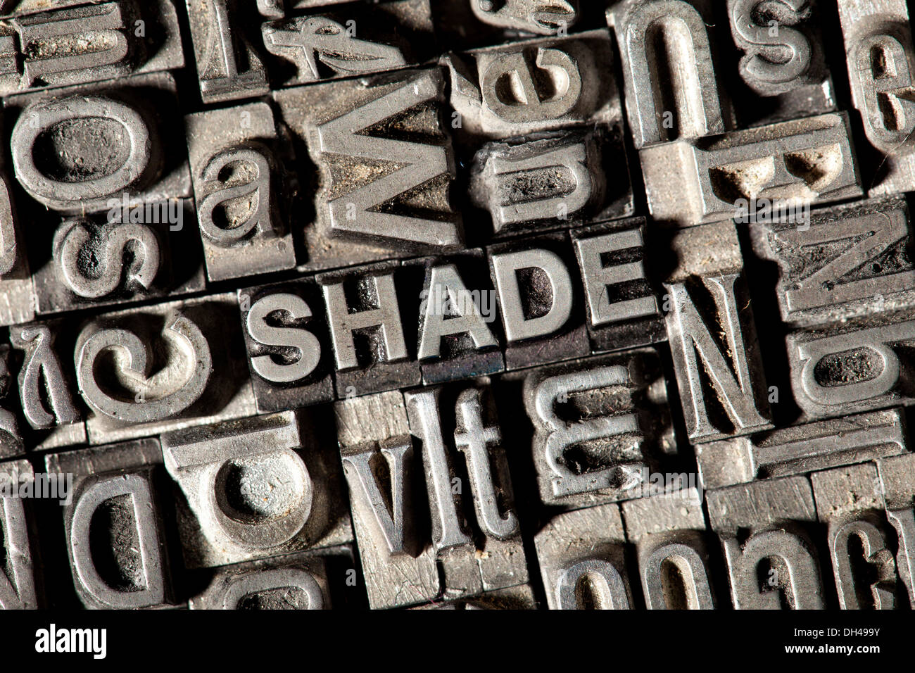 Old lead letters forming the word SHADE Stock Photo - Alamy
