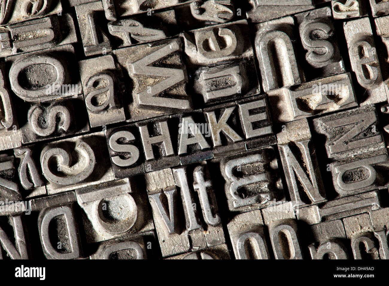 Old lead letters forming the word SHAKE Stock Photo - Alamy