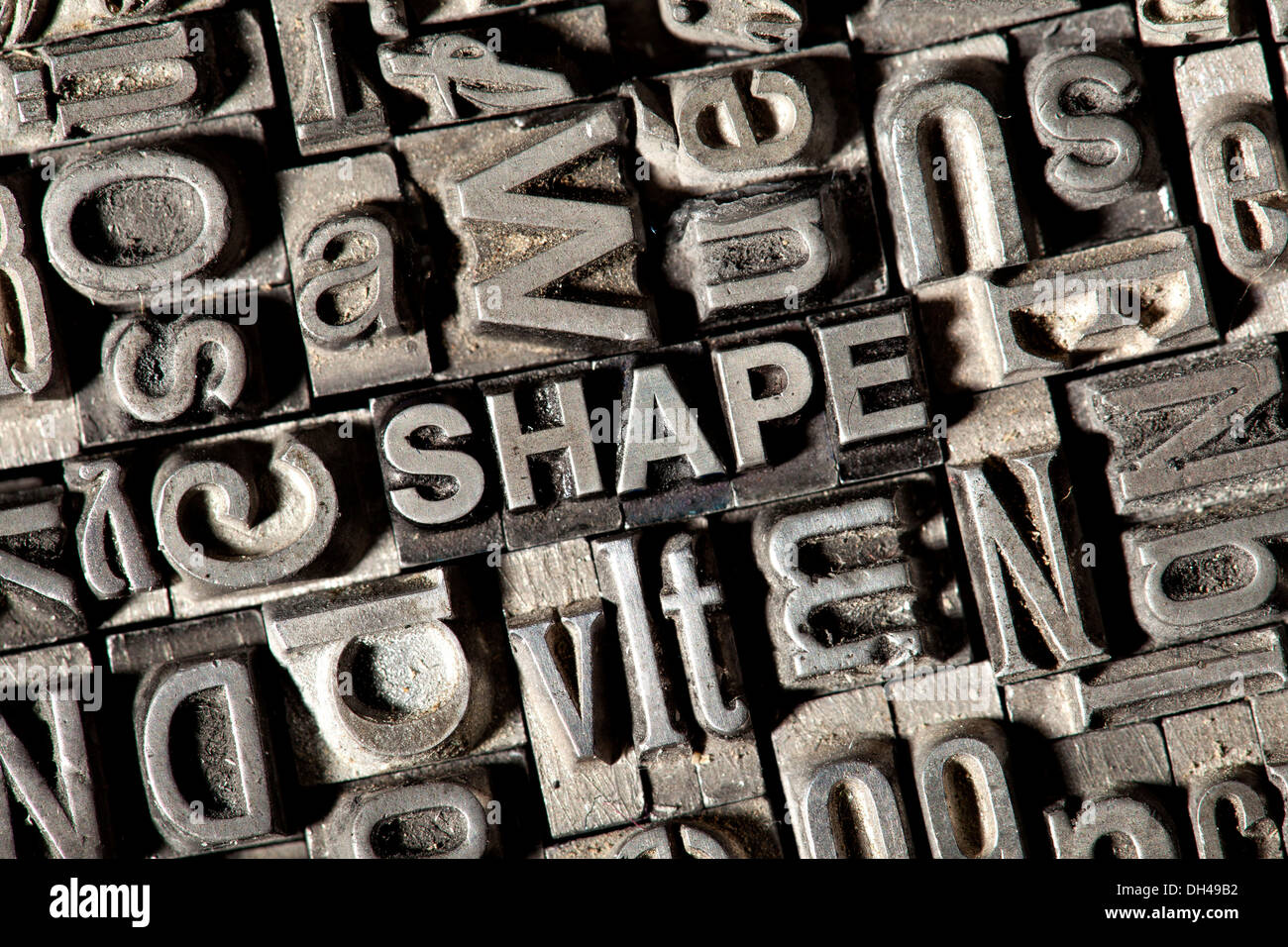 Old lead letters forming the word SHAPE Stock Photo - Alamy