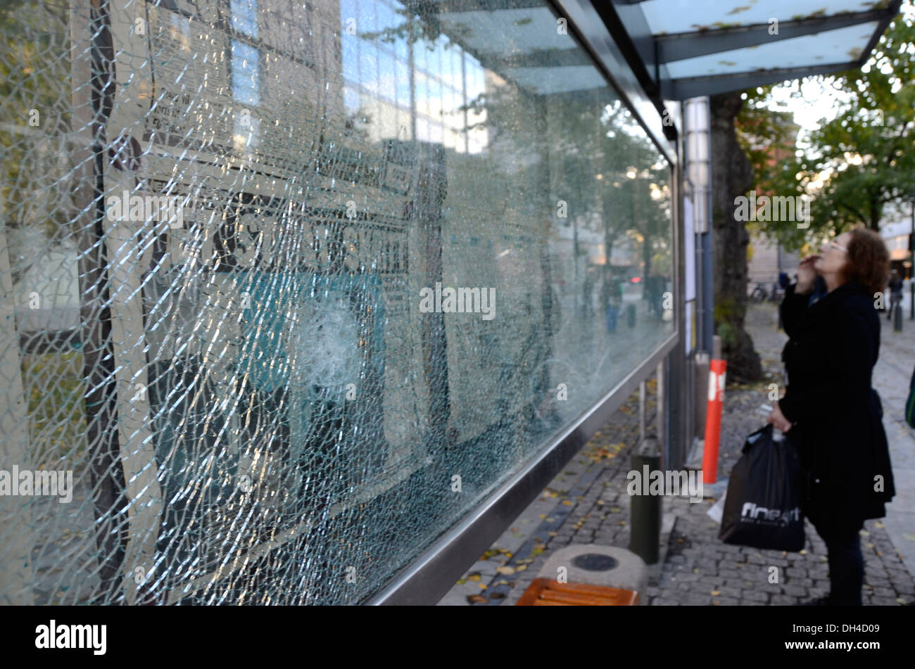Newspaper display left with the damage caused by the bomb explosions of ...