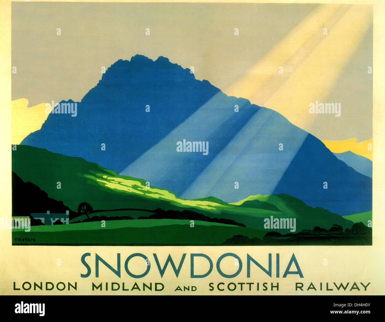 SNOWDONIA Railway promotional poster about 1930 showing the outline of ...