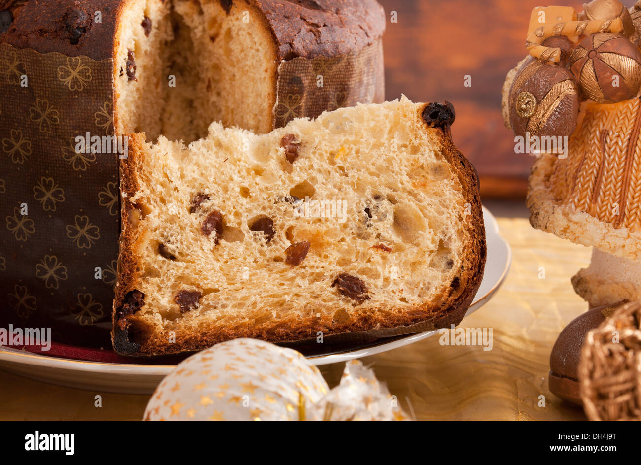 Panettone, traditional Italian cake with christmas decorations Stock ...