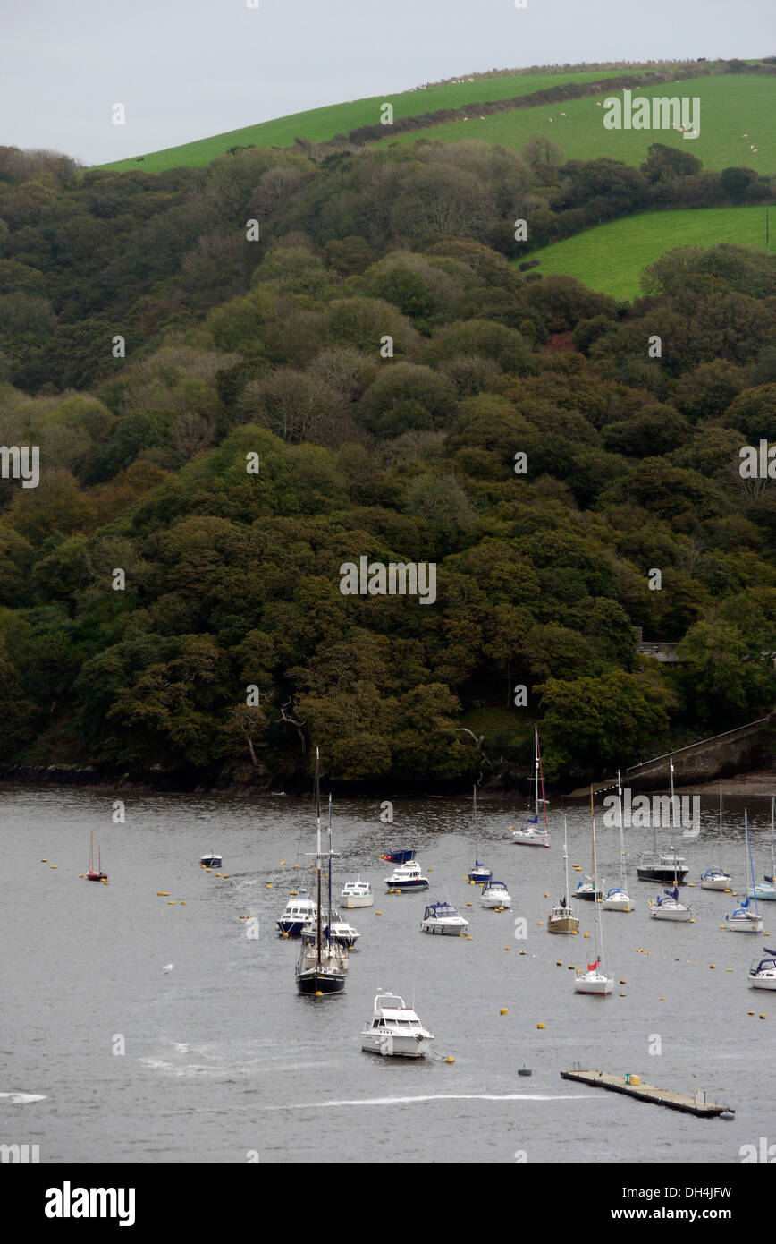 Boats at the Mouth of the river Fowey at Fowey, Cornwall, England, UK ...