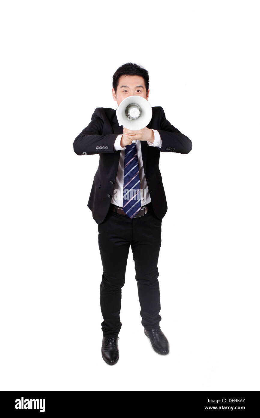 Standing holding communication megaphone authority hi-res stock ...