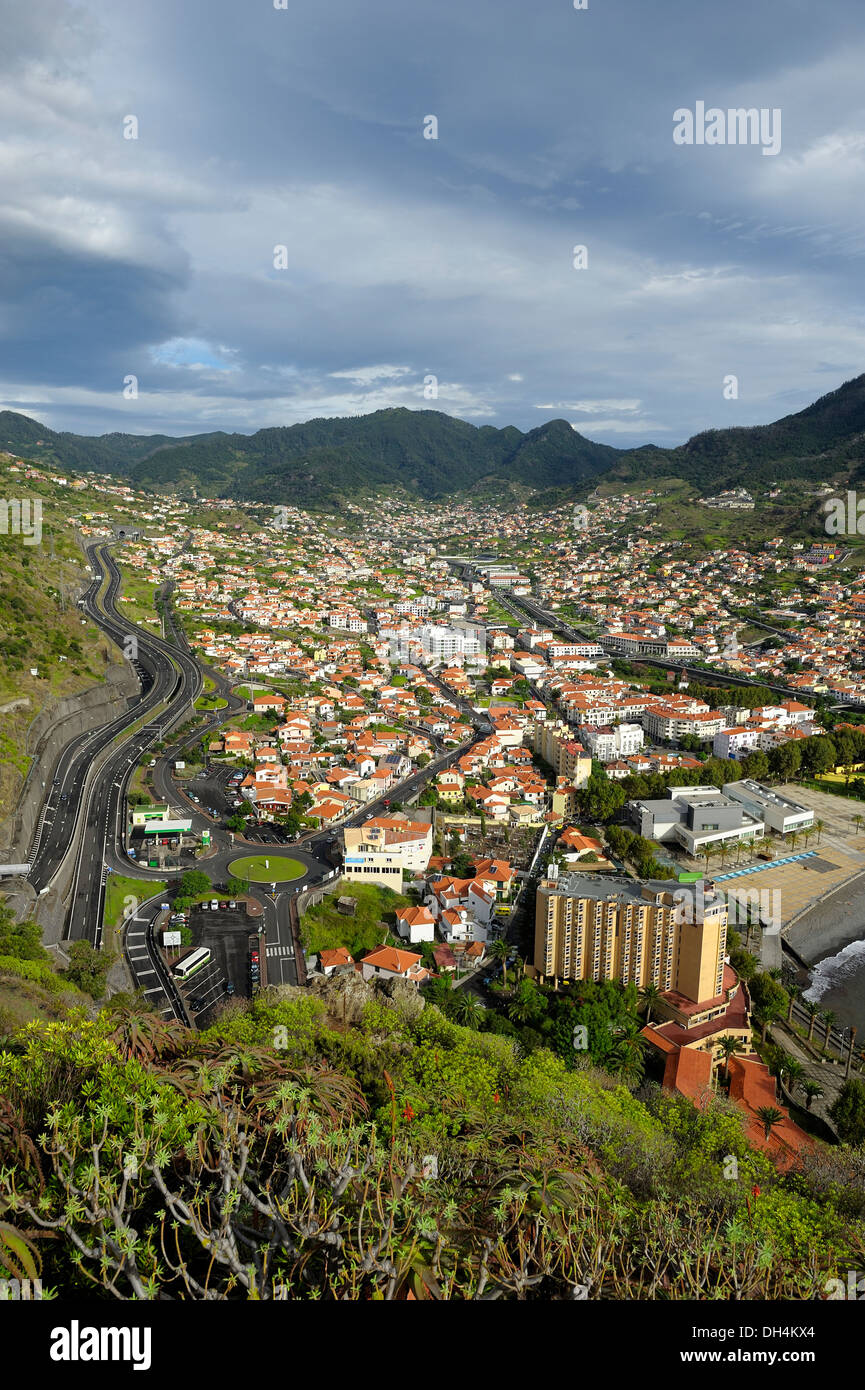 Madeira Portugal. An aerial view of the coastal city of Machico Stock ...