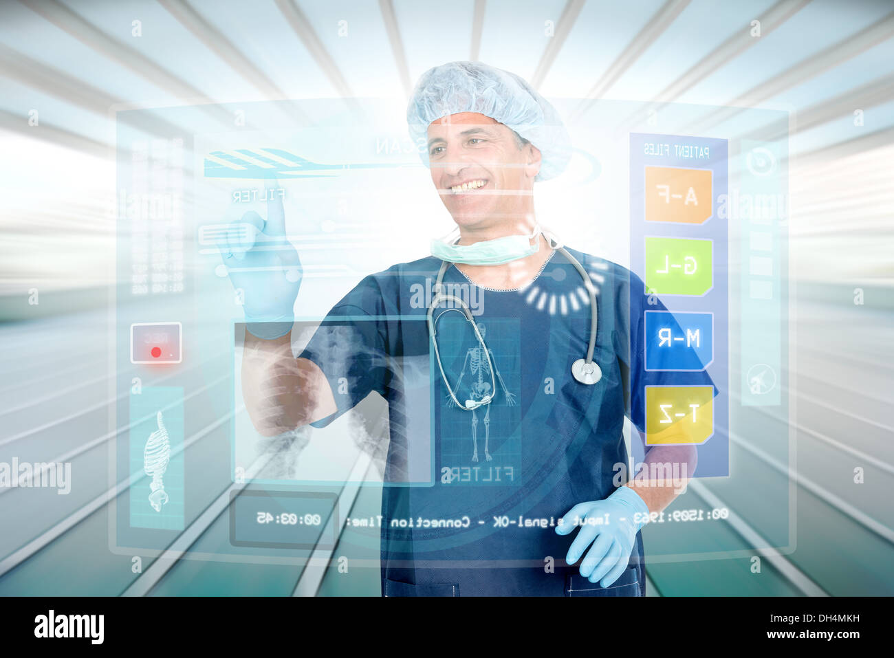 Doctor in uniform looking at screens Stock Photo - Alamy