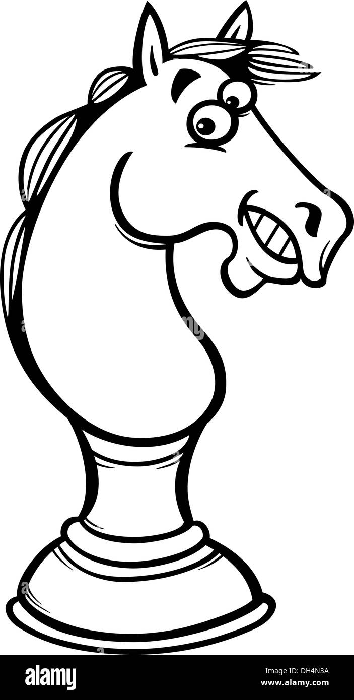 Black and White Cartoon Illustration of Funny Horse Chess Pawn for ...
