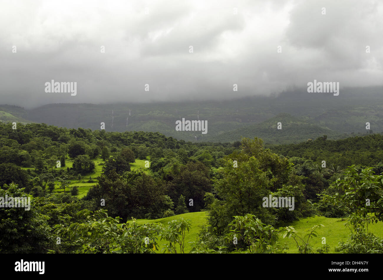 Landscape in monsoon with rain clouds Raigad Maharashtra India Asia ...