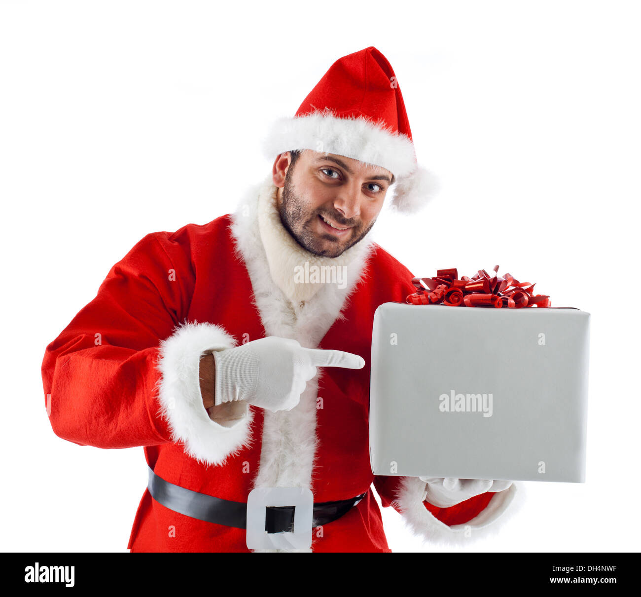 Young Santa Claus with gift box on white background Stock Photo - Alamy