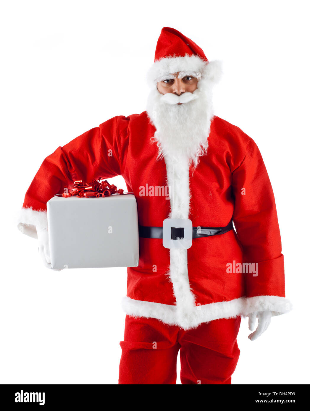 Young Santa Claus with gift box on white background Stock Photo - Alamy