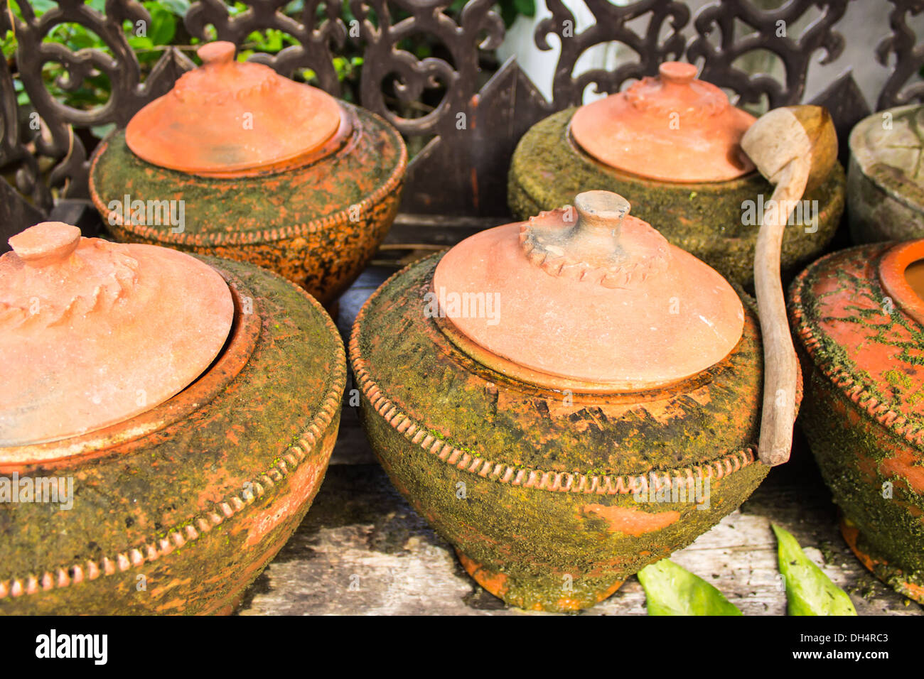 Clay pot on drinking water is the Thai way of life , lanna style Stock ...